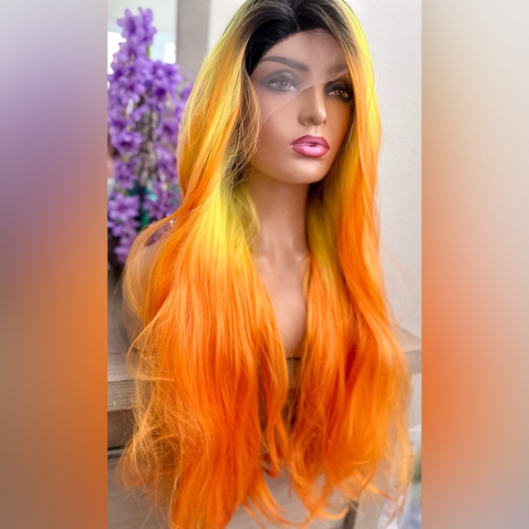 Hair | Yellow Orange Dark Root Sunset Lace Front 28 Inch Long Layered ...